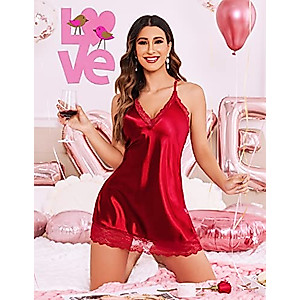 Avidlove Women Lingerie Satin Lace Chemise Nightgown Sexy Full Slips Sleepwear (Medium, 1Red)