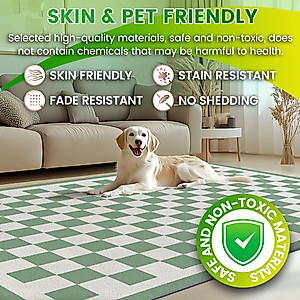 Washable 5x7 Checkered Area Rug for Living Room, Sage Green Checkerboard Modern Boho Large Rugs, Ultra Thin Low Pile Lightweight Indoor Carpet with Non-slip Backing for Bedroom Classroom Playroom Kids