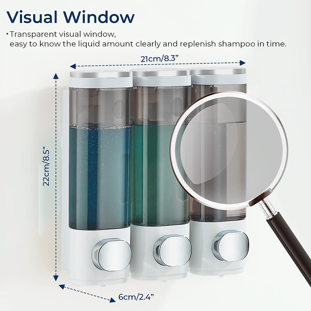 Pollock Shower Dispenser - 3 Chamber No Drill Wall Mounted Shampoo, Conditioner, Body Wash Dispenser for Bathroom, Large Capacity, White