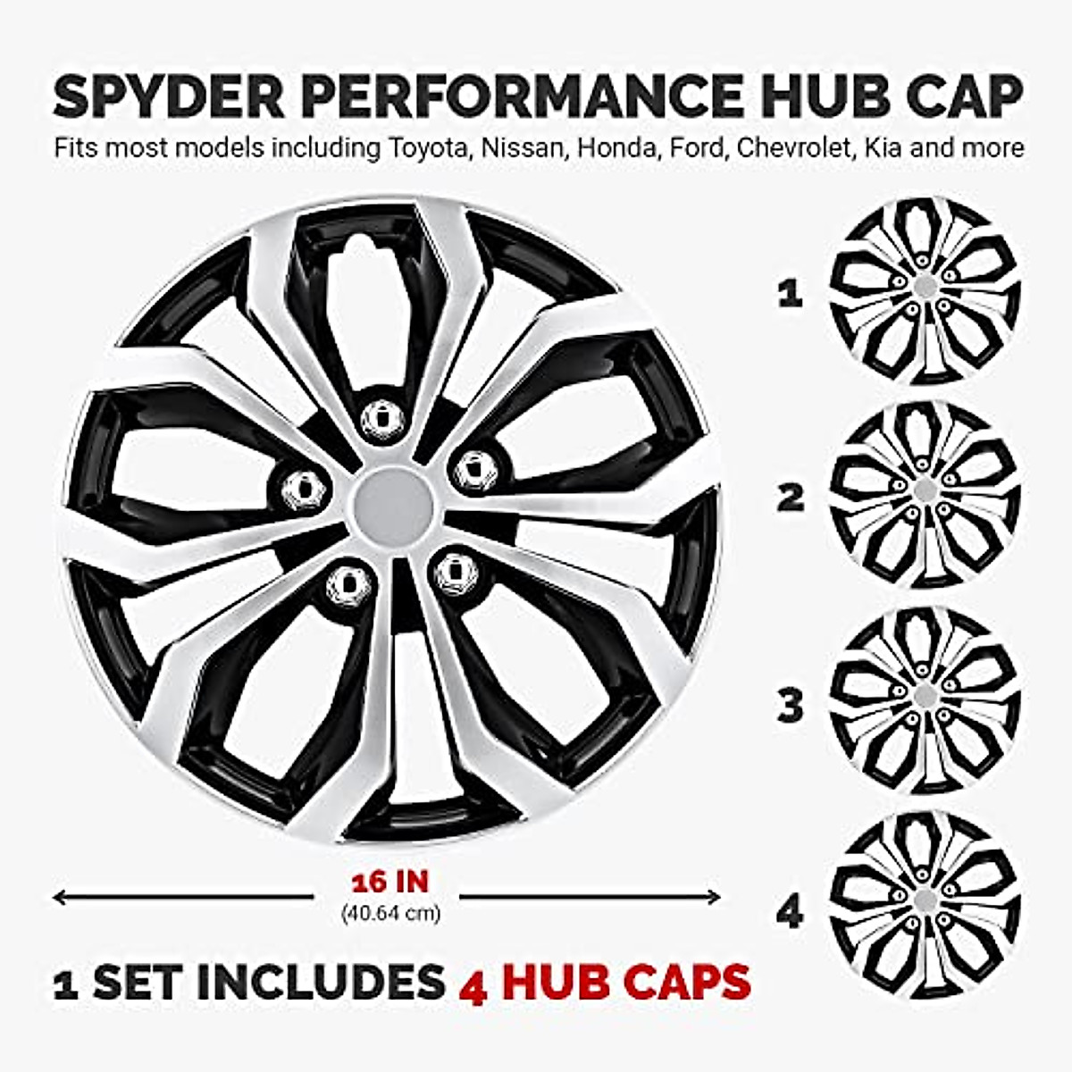 Pilot Automotive WH553-16S-BS 16 Inch Spyder Black & Silver Universal Hubcap Wheel Covers For Cars - Set Of 4 - Fits Most Cars