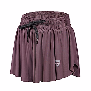 2 in 1 Flowy Womens Biker Shorts Gym Yoga Athletic Workout Running Spandex Comfy Lounge Sweat Skirt Summer (L, Purple)