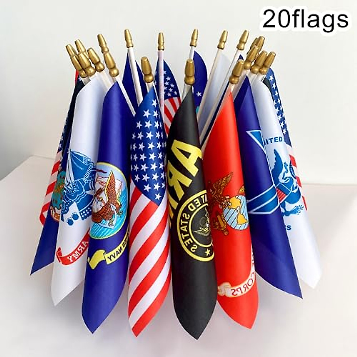 LoveVC Military Flag Set Small Mini Army Armed Forces Hand Held Flags on Wooden Stick for Memorial Day,Veterans Day,5x8 Inch,20 Pack