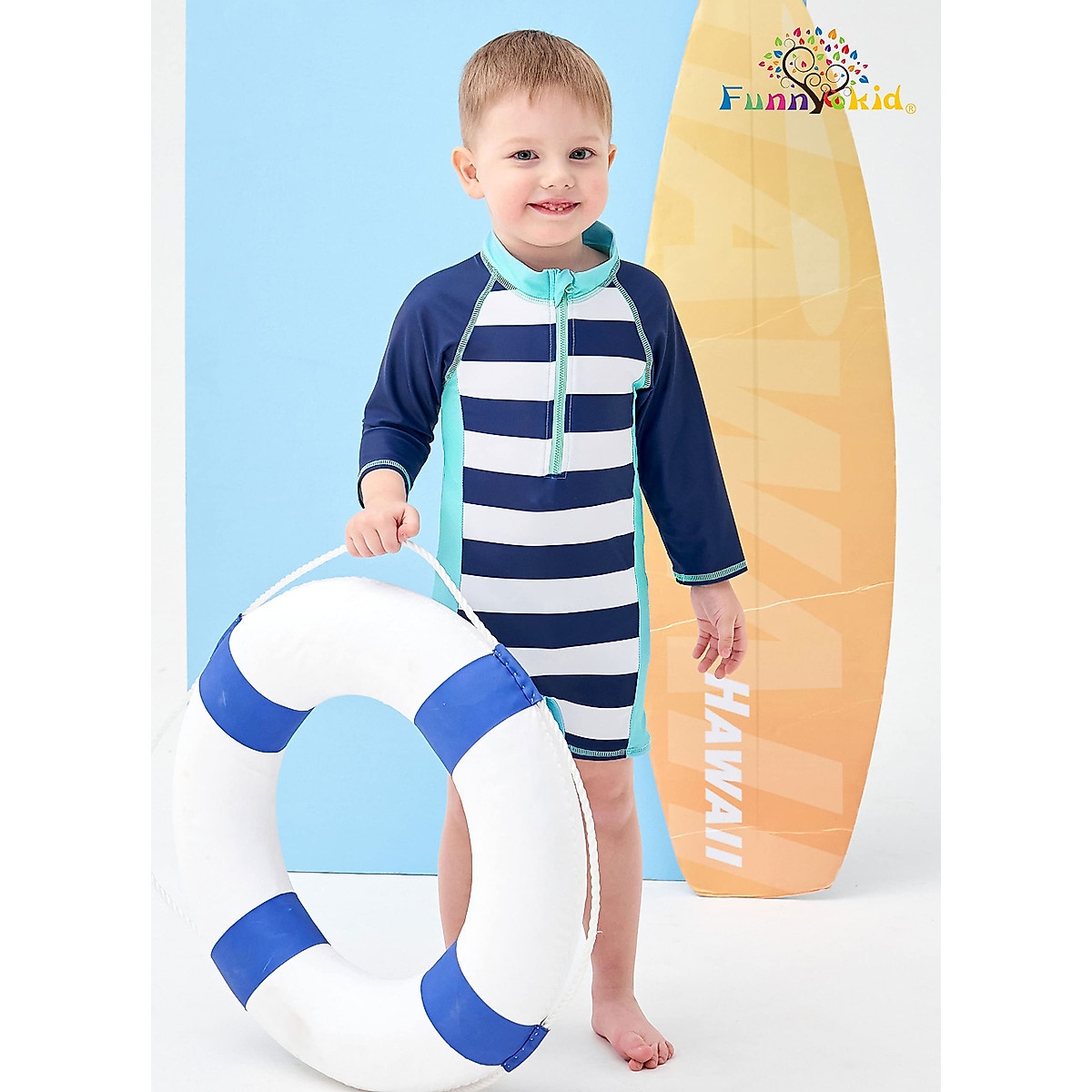 Funnycokid Baby Boys Swimsuit 12-18 Months Toddler Rash Guard One Piece UPF 50+ Swimwear Green Striped Long Sleeve Swim Shirt