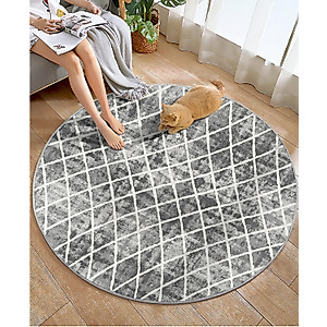 Trellis Washable Round Area Rug - Grey 4ft Round Rug Non-Slip Distressed Design Small Bedroom Circle Rug Non-Shedding Sofa Carpet for Bedroom Living Room Kitchen