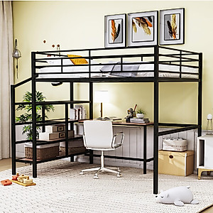 FANYHOME Full Size Metal Loft Bed with Desk and Metal Grid, Stylish Metal Frame Bed with Lateral Storage Ladder and Wardrobe loft Bed Twin Size with Desk (Black)