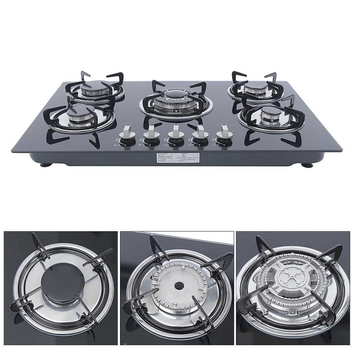 BJTDLLX 30" Gas Cooktop, Built-in 5 Burners Gas Stove Gas Hob Stovetop Thermocouple Protection Gas Range, Tempered Glass Cooktop Porcelain Ena Grates, Natural Gas LPG Gas Easy to Clean, 30.3”*20”