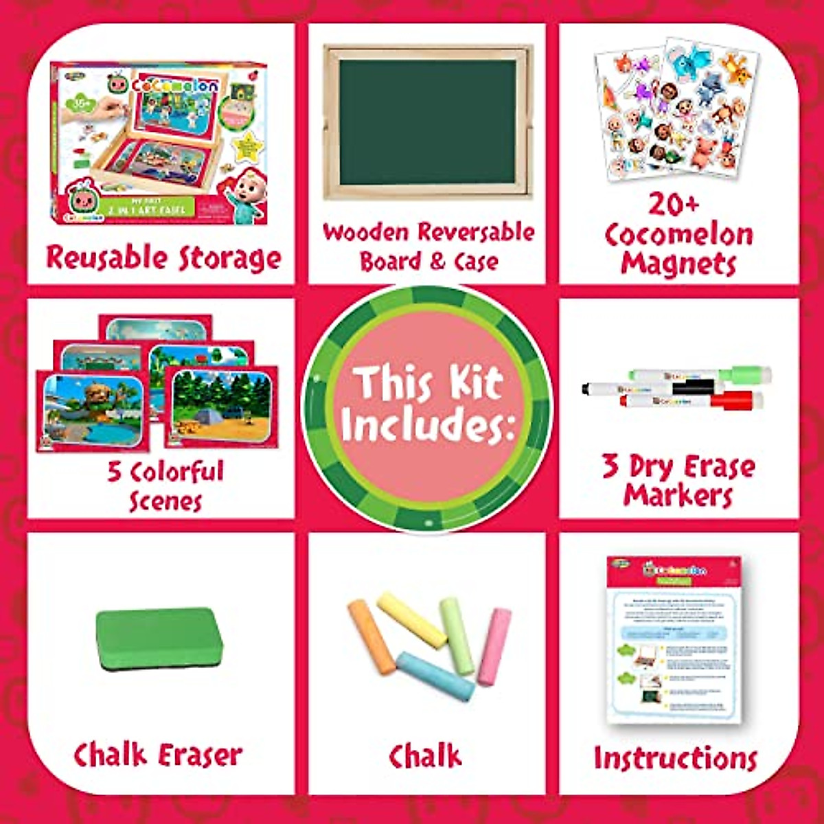 Cocomelon 2 in 1 Art Easel | Double Sided Magnetic Dry Erase Board Puzzle w/Magnets | Cocomelon Puzzle Games for Kids | Wooden Toddlers Educational Games & Toys | Magnetic Puzzles for Kids Ages 3+