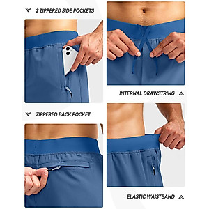 Pudolla Men's Workout Running Shorts with 3 Zipper Pockets Lightweight 7" Gym Shorts for Men Athletic Walking Hiking(Dusty Blue Medium)