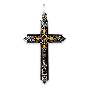 Solid 925 Sterling Silver November Birthstone Cross Pendant Charm - 37mm x 22mm
