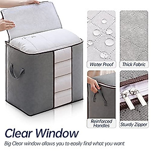 VIEWSHINE 6-Pack Large Capacity Clothes Storage Bags, Foldable Closet Organizer Storage Container with Clear Window, Sturdy Zipper and Reinforced Handle, Thick Fabric Storage Bags for Clothes, Comforters, Blankets, Quilts, Bedding and Toys, 90L, Grey