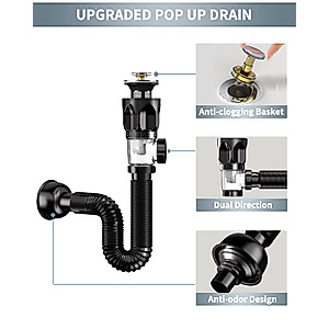 KKDFTU® 2 in 1 Bathroom Sink Drain Kit with Flexible & Expandable P-Trap, Suitable for 1-1/2'' Drain Hole, Pop Up Drain with Built-in Anti-Clogging Stopper Fits Overflow or No Overflow Vessel Sink