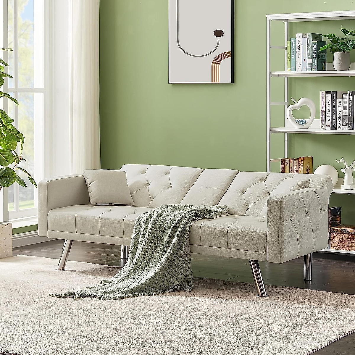 Foldable Futon Sofa Loveseat Convertible Sleeper Couch Bed for Small Space Apartment Office Living Room Furniture Sets with 2 Cup Holders, Tufted Back & Seat Orange PU Leather 67" W