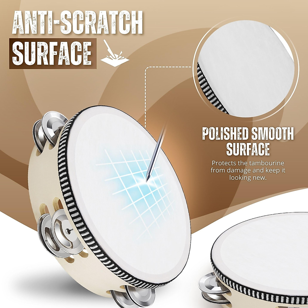 Flexzion Wood Handheld Tambourine Adults 6-Inch Double Row 8-Pair Jingles (Wood) - Percussion Round Tamborines Musical Instrument with Metal Zills