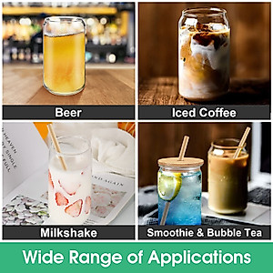 [Upgraded] 16oz Drinking Glasses with Bamboo Lids and Bamboo Straws, 4 Pack Glass Cups Iced Coffee Cup, Beer Glasses, Can Shaped Glass Tumbler for Whiskey, Tea, Water, Soda, Juice, Smoothies, Gift