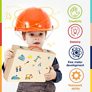 Rundad Wooden Kids Tool Set – 37 PCS Tool Kit Box with Stickers of My First Tools, Montessori Toys for 2 3 4 Year Old Boy Gift, Tool Construction Set for Toddler Ages 3-5