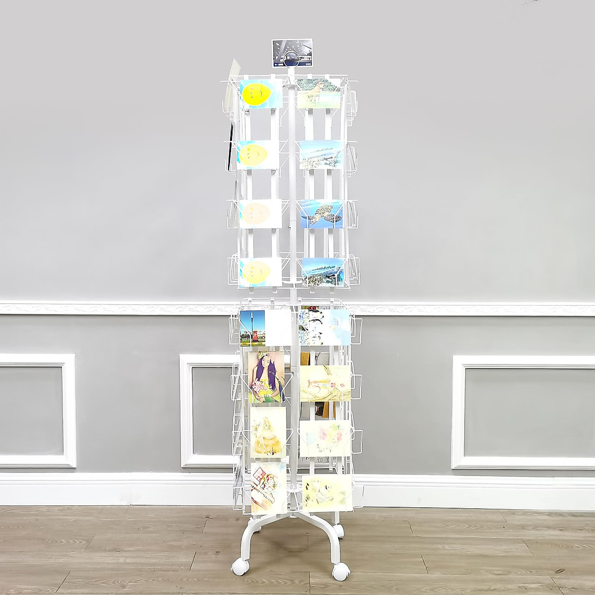 64 Adjustable Pockets Display Rack 5x7 7x5 up to 9.3" Wide X 8" Tall Cards, 1.27" deep Pockets, Double Tier Greeting Post Card Christmas Holiday Spinning Rack Stand White 10139-WHITE-NPF-SL