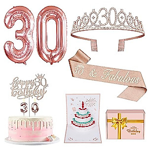 30th Birthday Decorations Women, Include 30th Birthday Sash and Tiara, Birthday Cake Topper and 30 Birthday Candles, 30 Balloons, 3D Birthday Card, 30th Birthday Gifts For Women