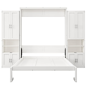 DNYN Queen Size Murphy Bed with Desk & Two Slide Storage Shelf & 68-inch Wall Bedframe Folding into Cabinet Design,for Small Space,Bedroom,Guest Room, White