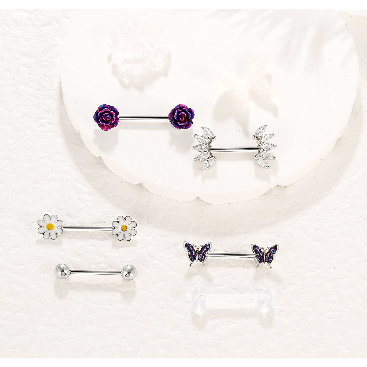 Shakalaka Surgical Steel Nipple Rings Body Piercing Jewelry for Women with Cute Daisy Flower Butterfly Ball Purple 14g