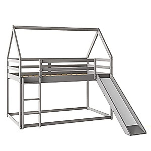 Twin Size Bunk House Bed with Convertible Slide and Ladder,Twin Over Twin Wooden Bed Frame with Guardrails for Kids Teens Girls Boys,Gray