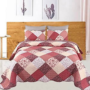 Qucover Twin Quilt Set, 3 Piece Multicolour Floral Patchwork Print Bedspread Twin Size, Soft Microfiber Lightweight Twin Quilt Bedding Set with 2 Pillow Sham, Twin XL Quilts, 68"x86"