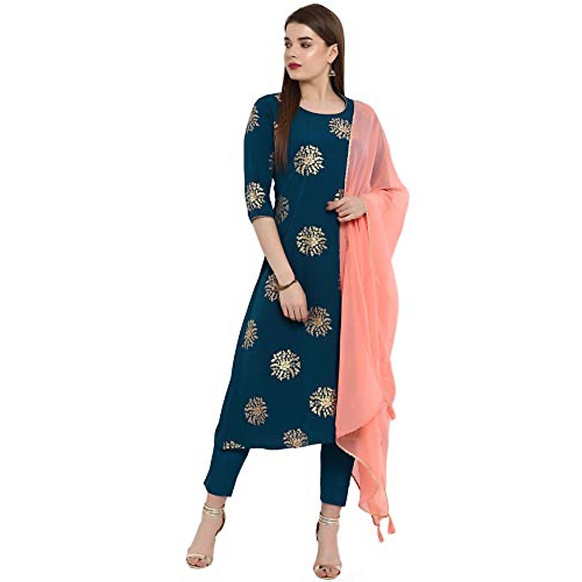 Janasya Indian Women's Tunic Tops Crepe Kurti Set with Dupatta for Women(SET058-KR-NP-S) Turquoise