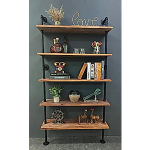Anynice 5 Tier Industrial Ladder Shelf Bookcase, Wall Mounted Wood Metal Pipe Rustic Bookshelf for Living Room (Weathered Brown, 10" D x 36" W x 70" H)