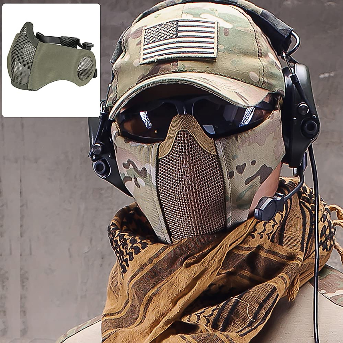 AOUTACC Airsoft Mask, Half Face Mesh Masks with Ear Protection for CS/Hunting/Paintball/Shooting (Mesh Ear, Gray)