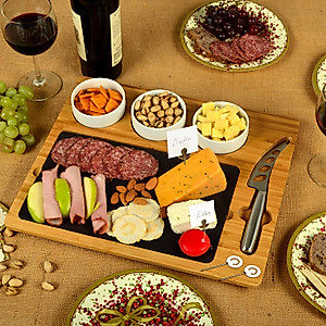 Picnic at Ascot Bamboo & Slate Cheese/Charcuterie Board - Includes 3 Ceramic Bowls, Cheese Knife & Cheese Markers- Patent Pending - Designed & Quality Checked in The USA