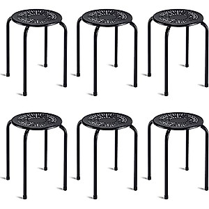 COSTWAY 6-Pack Steel Stack Stools, 17.5-Inch Height Portable Stackable Backless School Stools with Daisy Design, Round Classroom Decoration Stools Set of 6 for Kids Children Students, Black