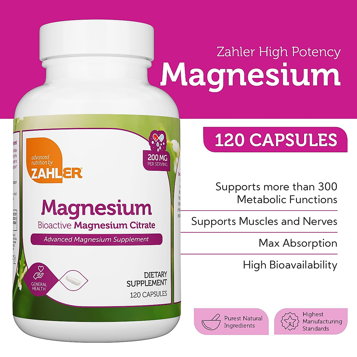 Zahler - Magnesium Supplement Capsules 200 mg (120 Count) Certified Kosher Bioactive Magnesium Citrate for Max Absorption - Natural Magnesium Mineral for Men & Women - Best Magnesium Supplements