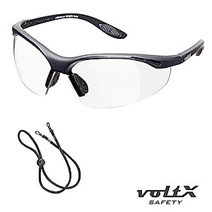 voltX 'Constructor' SAFETY READERS (CLEAR +1.5 Dioptre) Full Lens Reading Safety Glasses ANSI Z87.1+ & CE EN166F, Wraparound Style - Includes Safety Cord with headstop - UV400 anti fog coated lens