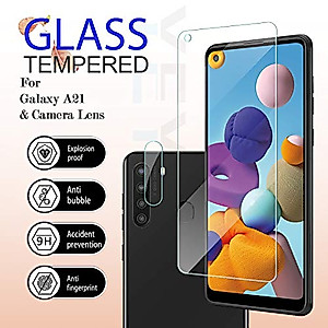 Galaxy A21 HD Clear Tempered Glass Screen Protector + Camera Lens Protectors by YEYEBF, [2+2 Pack] [3D Glass] [Anti-Glare] [Bubble-Free] Screen Protector Glass for Samsung Galaxy A21