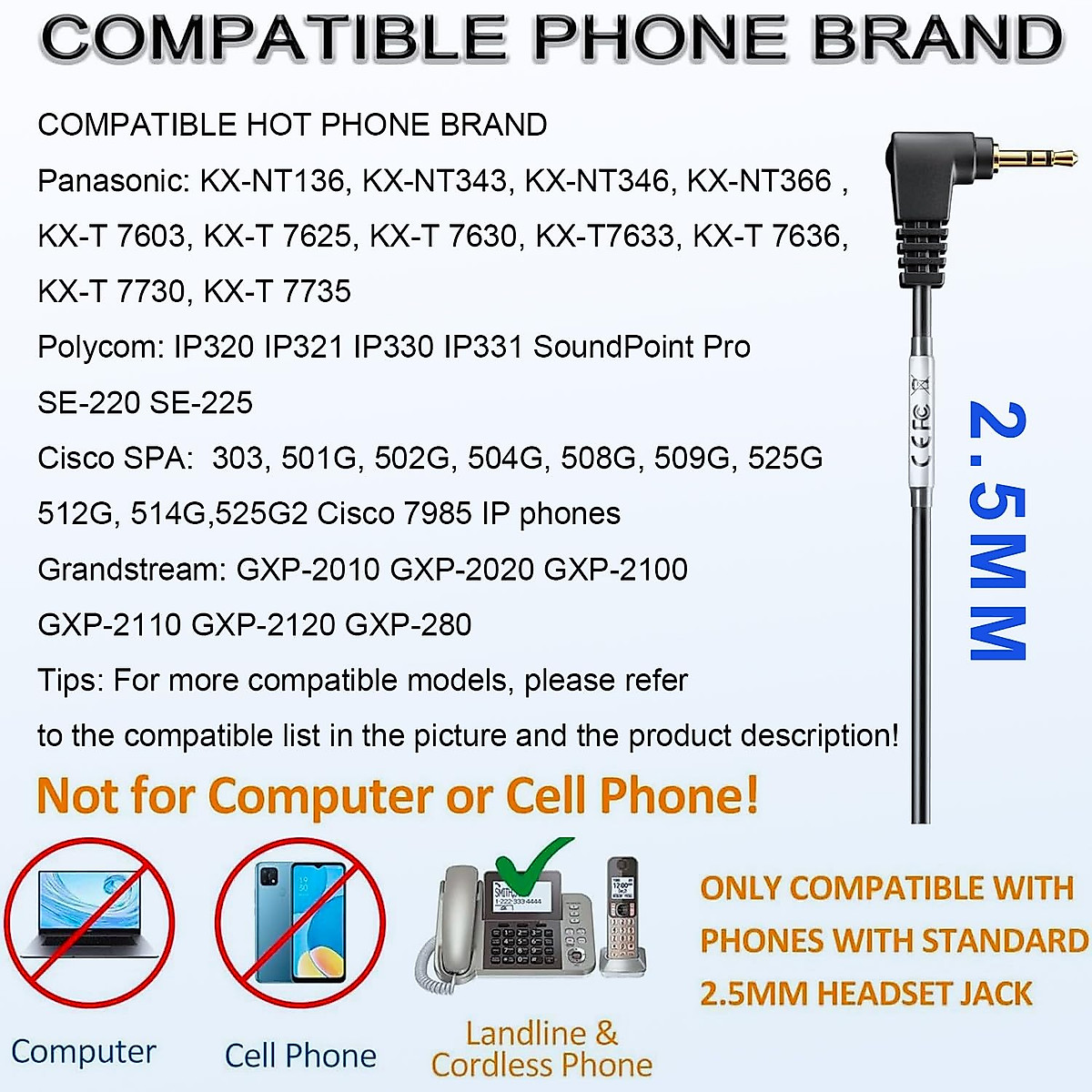 Phone Headset 2.5mm with Microphone Noise Cancelling & Volume Controls, Telephone Headphone Compatible with Panasonic Dect 6.0 Phones, Comfort-Fit Telephone Headset for AT&T Vtech Cordless Phones
