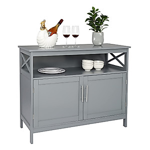 Double Door Sideboard Buffet Cabinet, Kitchen Storage Sideboard Coffee Bar Cabinet with Adjustable Shelf, Wooden Cupboard Console Table Curio Cabinet with Open Shelf for Kitchen Living Room, Grey