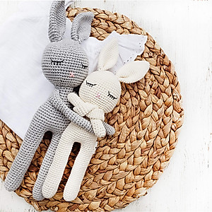 Cotton Crochet Bunny Doll Rattle Sleepy Head Bunny Toy | 13 inch Baby First Stuffy Amigurumi Buddy Security Blanket Newborn Photo Prop (White Sleepy Bunny)
