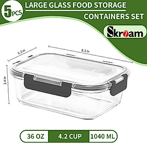 Skroam 5-Packs 36OZ Glass Food Storage Containers with Lids Airtight, Glass Meal Prep Container for Lunch, Pantry Organizers and Storage, Glass Lunch Boxes for Freezer to Oven Safe, Leak Proof
