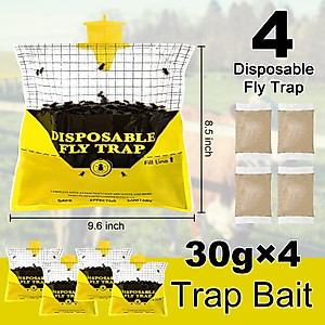 Glovv Fly Traps Outdoor Hanging, 4 Natural Pre-Baited Fly Hunter Stable Horse Ranch Fly Trap, Mosquito Fly Bags Outdoor Disposable Catchers Killer Repellent for Barn Farm Patio & Camping