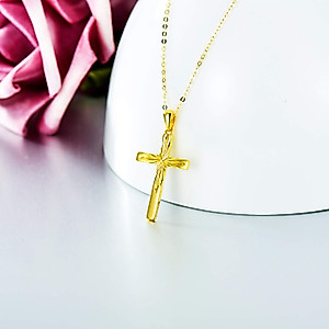 14K Solid Gold Cross Necklace for Women, Delicate Gold Italian Diamond-cut Cross Pendant Necklace Religious Jewelry for Girl, Wife, Mom, 16"-18"