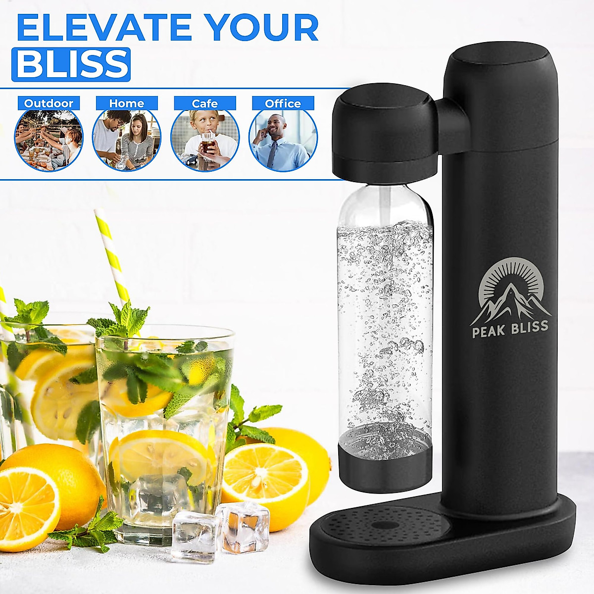Peak Bliss Original Soda Maker (Matte Black): Carbonate Drink (1L PET Bottle Included), Create Sparkling, Seltzer & Fizzy Water, Compatible with Any Screw-In 60L CO2 Carbonator (Not Included)
