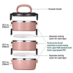 YBOBK HOME 3-Tier Cylinder Stackable Lunch Box With Bag, Keep Food Warm Thermal Lunch Container, Portable Stainless Steel Insulated Lunch Box, Pink 71oz