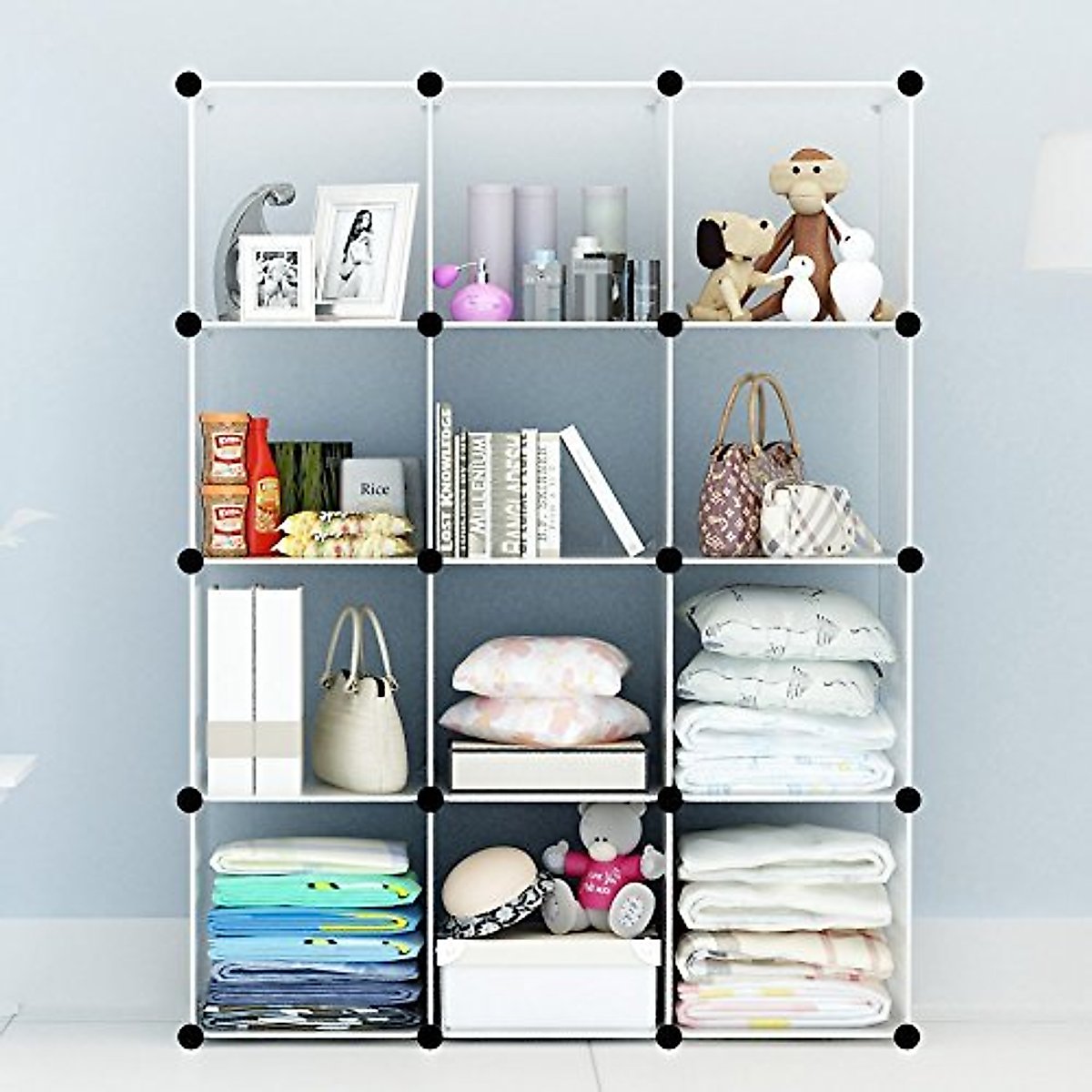KOUSI Portable Storage Cubes-14 x14 Cube (12 Cubes)-More Stable (add Metal Panel) Cube Shelves with Doors, Modular Bookshelf Units，Clothes Storage Shelves，Room Organizer for Cubby Cube