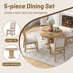 Knocbel 5-Piece Dining Sets 42-58" Extendable Round Table with 4 Upholstered Chairs, Farmhouse Rubber Solid Wood Frame Dining Set for 4 to 6 People Kitchen Dining Room, Natural Wood Wash