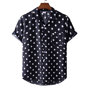 Men's Casual Summer Print Buttons Short Sleeves O-Neck Loose Shirts Blouse with Pocket(B, M)