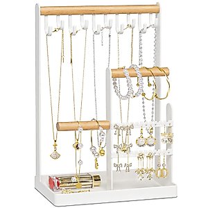 MetWoods Jewelry Holder Organizer with Earring Tray and 10 Hooks, 4 Tier Necklace Holder Display for Earrings Watches Bracelet Rings (White)