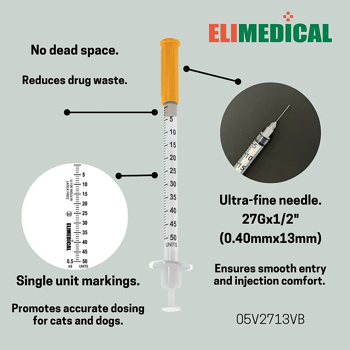 Elimedical Veterinary Insulin Syringe, U-100, 0.5cc (0.5ml), 27g x 1/2 inch (12.7mm), Individually Packed, for Pet Cat or Dog, 100 per Box, 05V2713VB