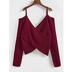 ZAFUL Women's Cold Shoulder Twist Knot Pullover Sweater V Neck Criss Cross Long Sleeve Cami Knitted Jumpers Crop Tops