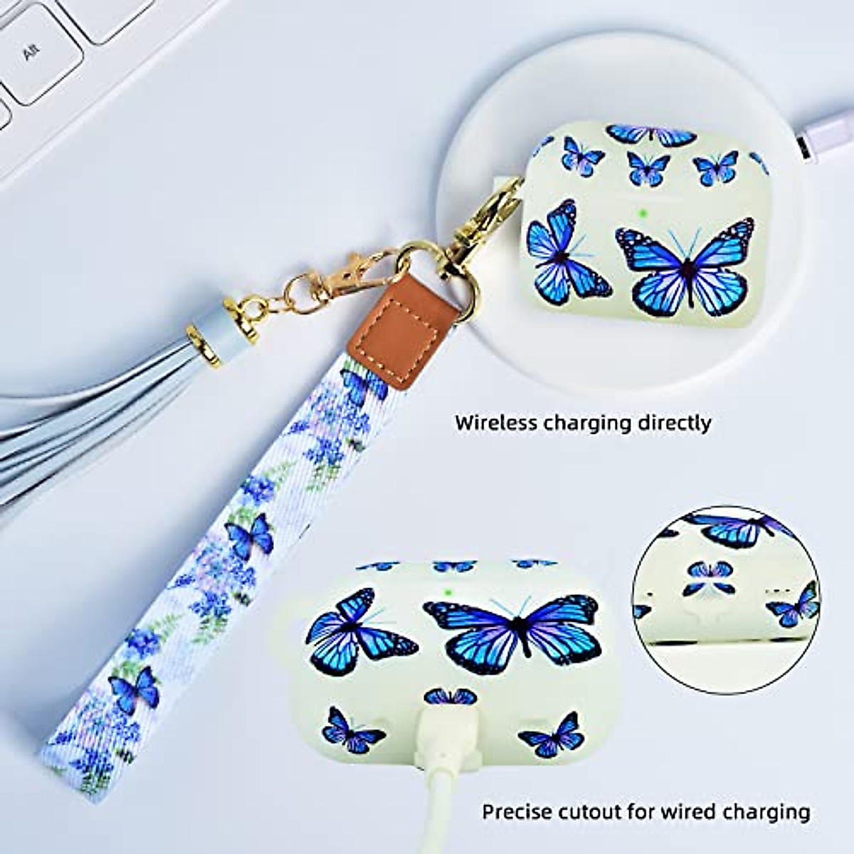 Airpods Pro 2 Case with Keychain Wristlet, Soft Cute Luminous Airpods Pro 2nd Generation Case Cover with Wrist Key Lanyard for AirPods Pro 2nd Generation (2022 Released) Gifts for Women Butterfly