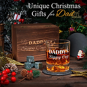 PONPUR DADDY SIPPY CUP Gifts for Men Dad, Daddy, Engraved Whiskey Glass, Christmas Stocking Stuffers, Funny Dad Birthday Gifts for Dad Husband from Wife Daughter Son Kids, Unique Gag Men Gift