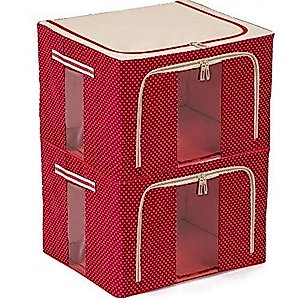 JJMG Stackable Polka Dots Oxford Cloth Steel Frame Shelf Quilt Clothing Blanket Pillow Shoe Storage Box Holder Container Organizer See-Through Window Double Zipper Folding- Red 66L 20"x16"x13" (2)